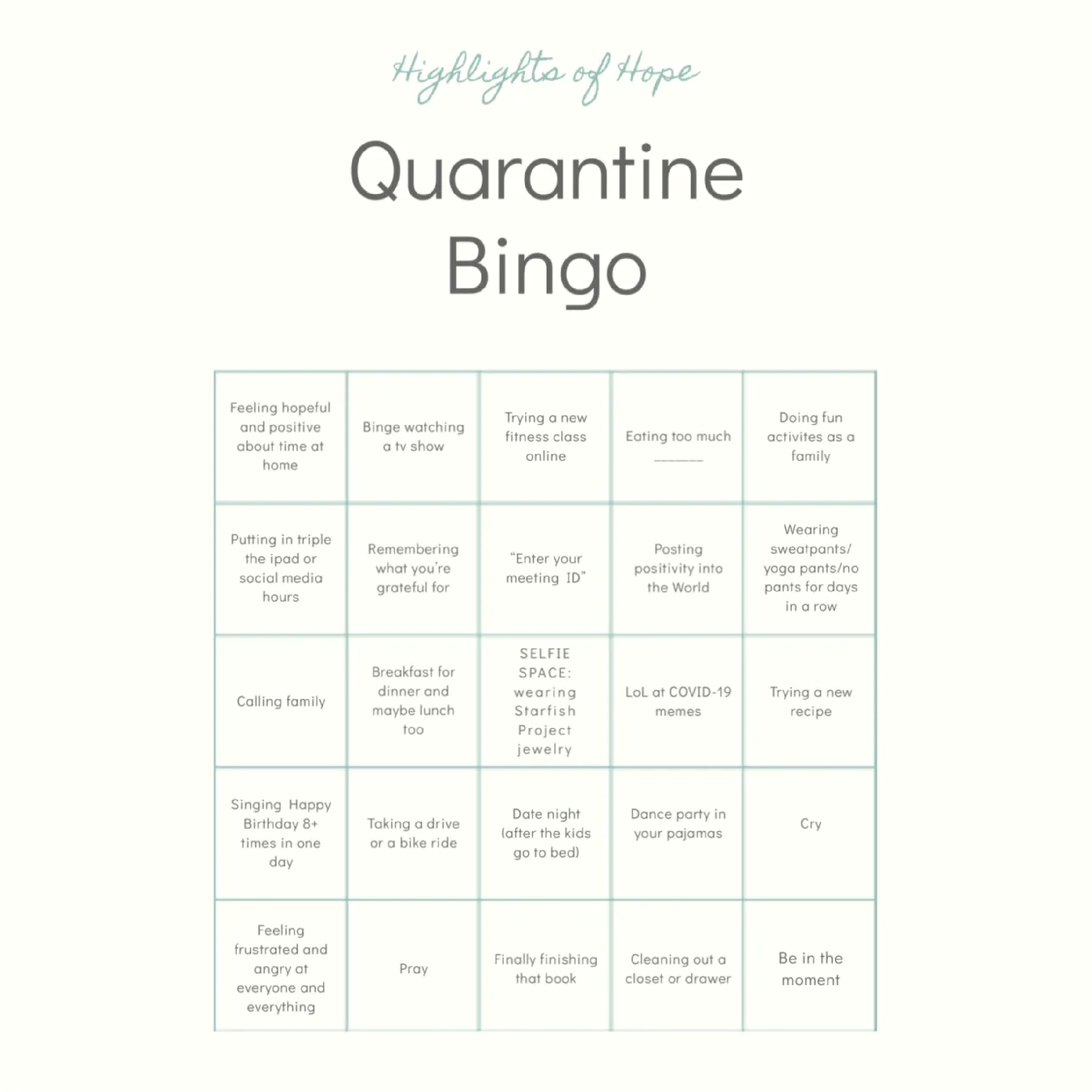 Let’s Play Quarantine Bingo! – Starfish Project